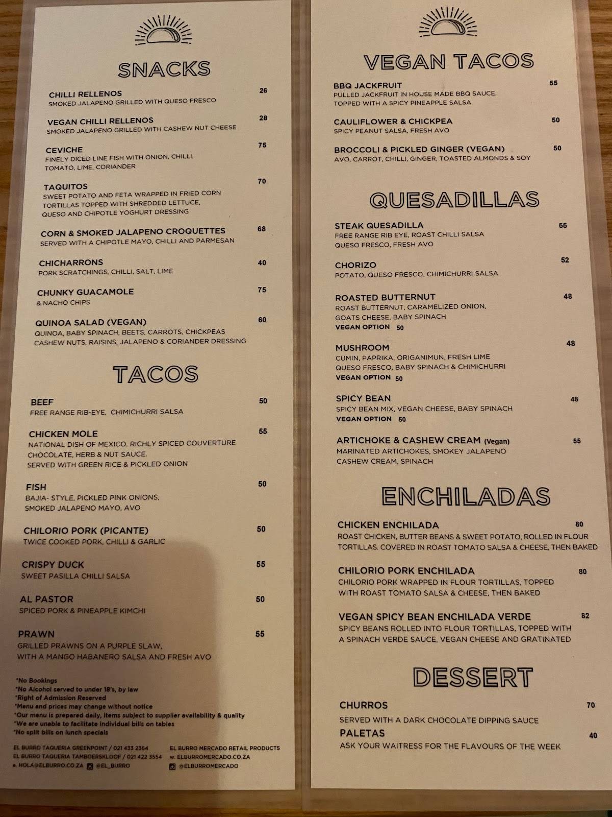 Menu at El Burro Greenpoint restaurant, Cape Town, 79 Main Rd