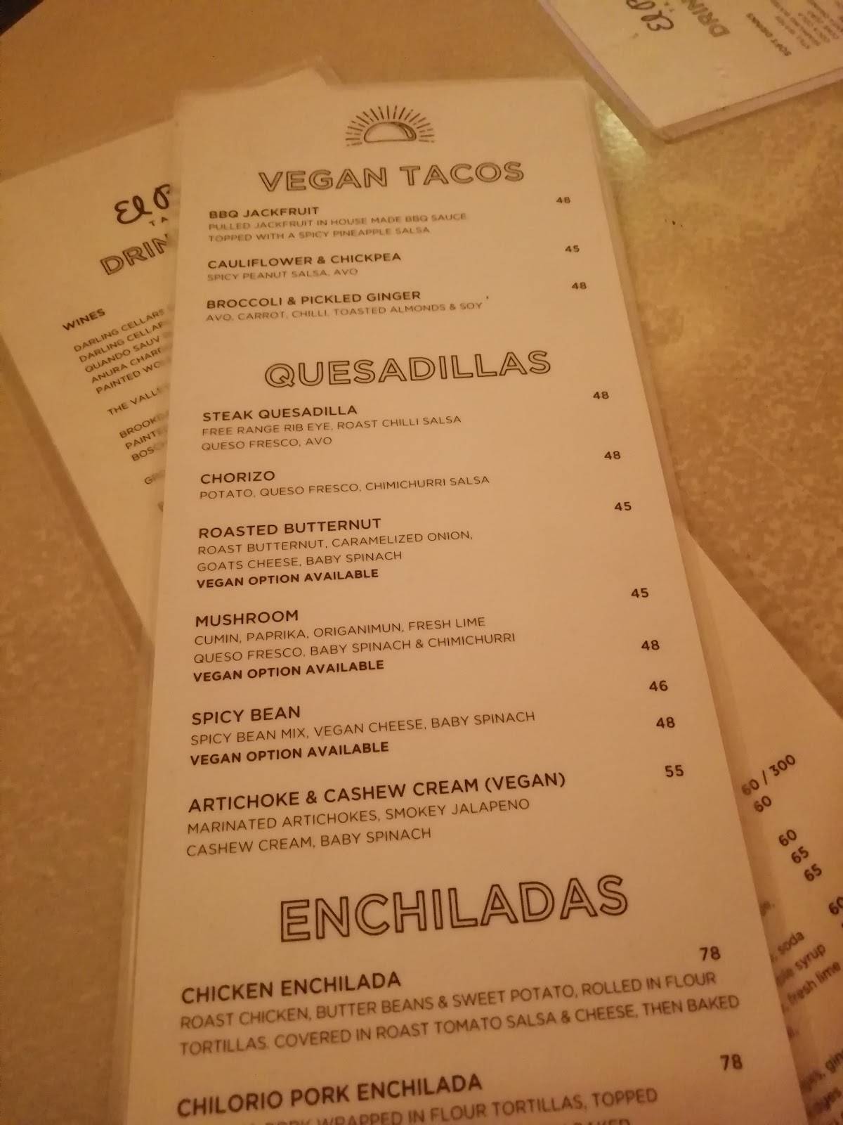 Menu at El Burro Greenpoint restaurant, Cape Town, 79 Main Rd