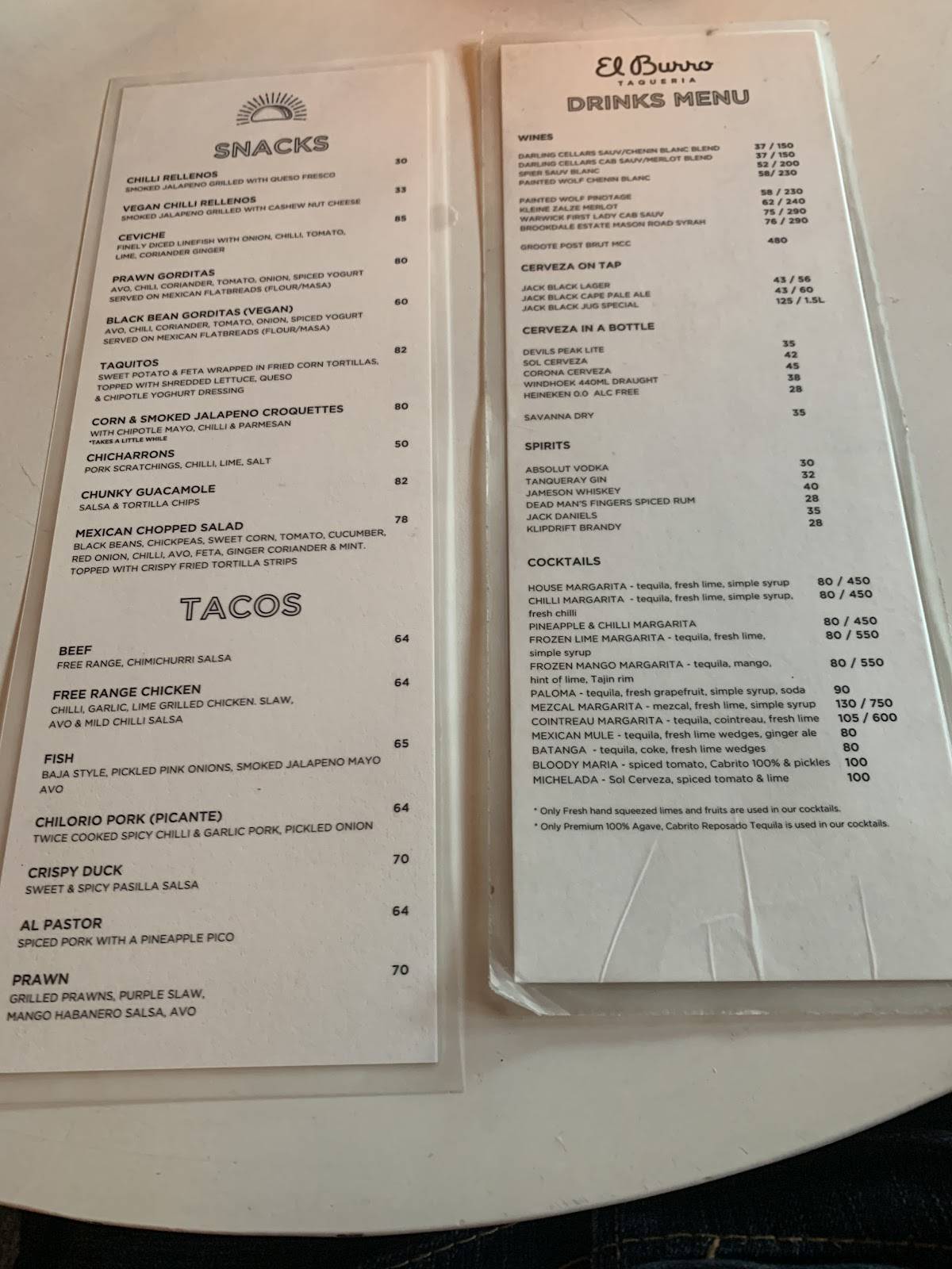 Menu at El Burro Greenpoint restaurant, Cape Town, 79 Main Rd