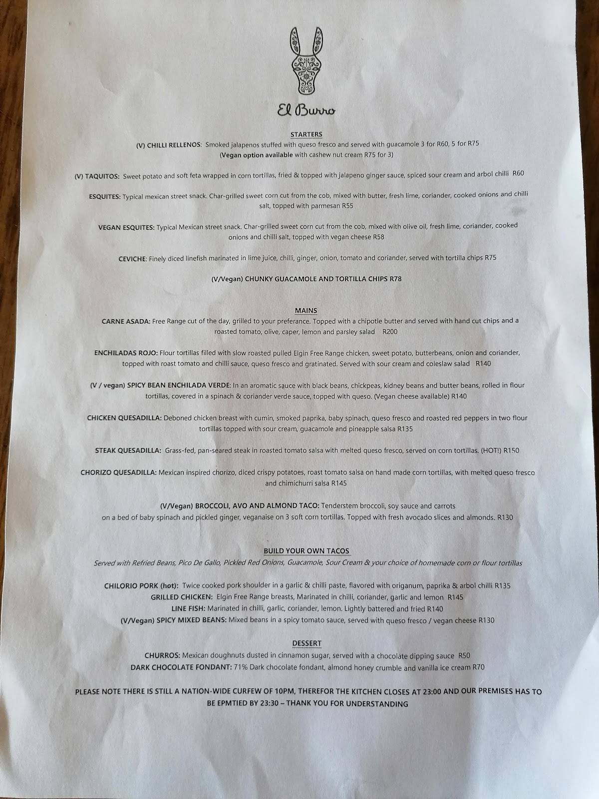 Menu at El Burro Greenpoint restaurant, Cape Town, 79 Main Rd