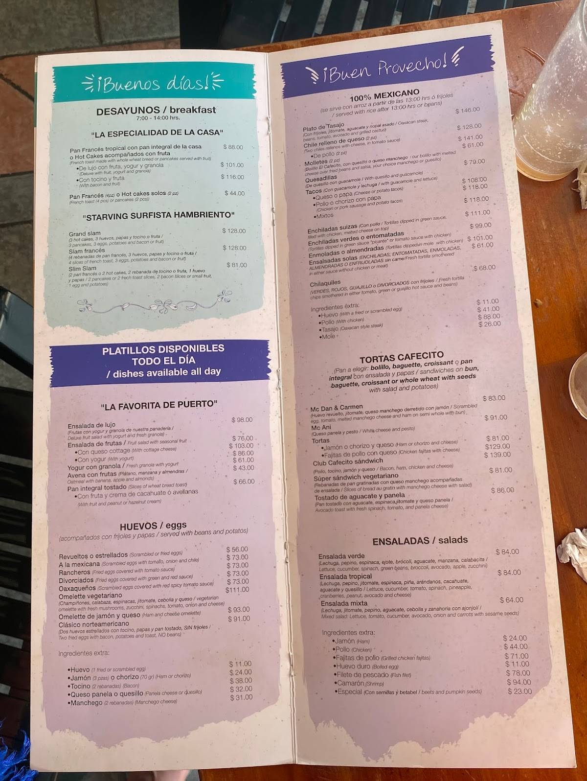 Menu at El Cafecito, Puerto Escondido, Boulevard Benito Juárez 1