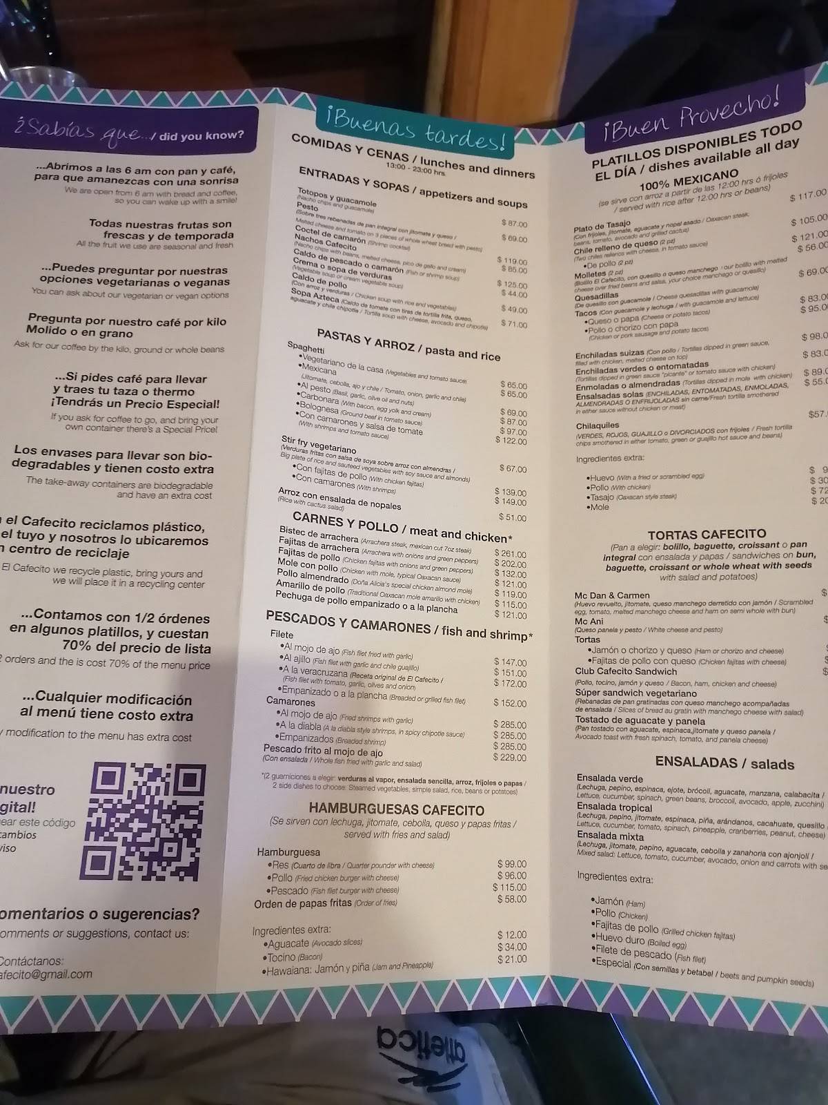Menu at El Cafecito, Puerto Escondido, Boulevard Benito Juárez 1