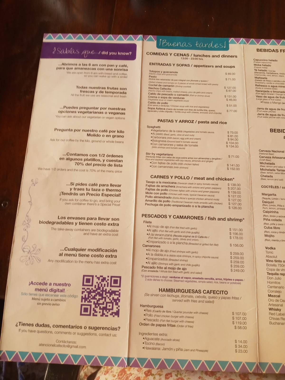Carta de Restaurant El Cafecito, Puerto Escondido, Bvld. Benito Juarez