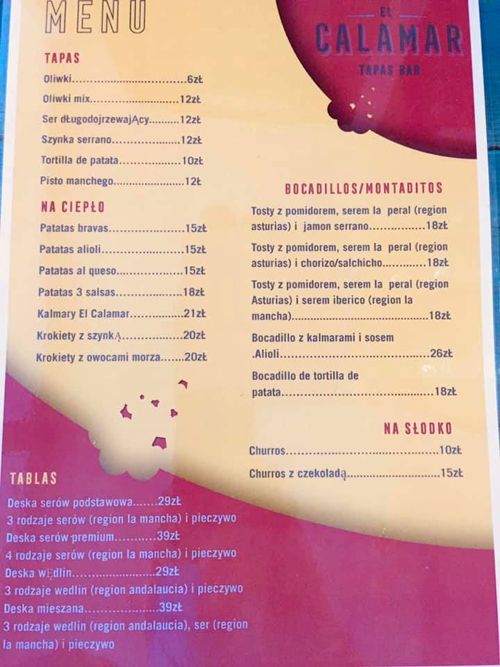 Menu at El Calamar Tapas Bar, Poznań