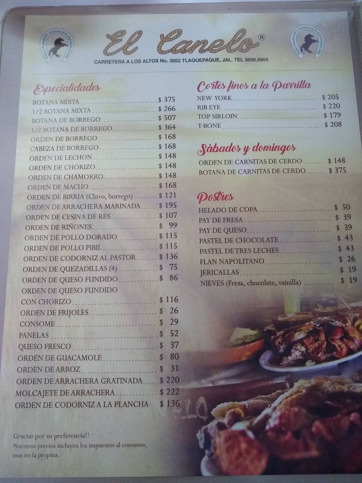 Carta del restaurante El Canelo, San Pedro Tlaquepaque, Carr. libre ...