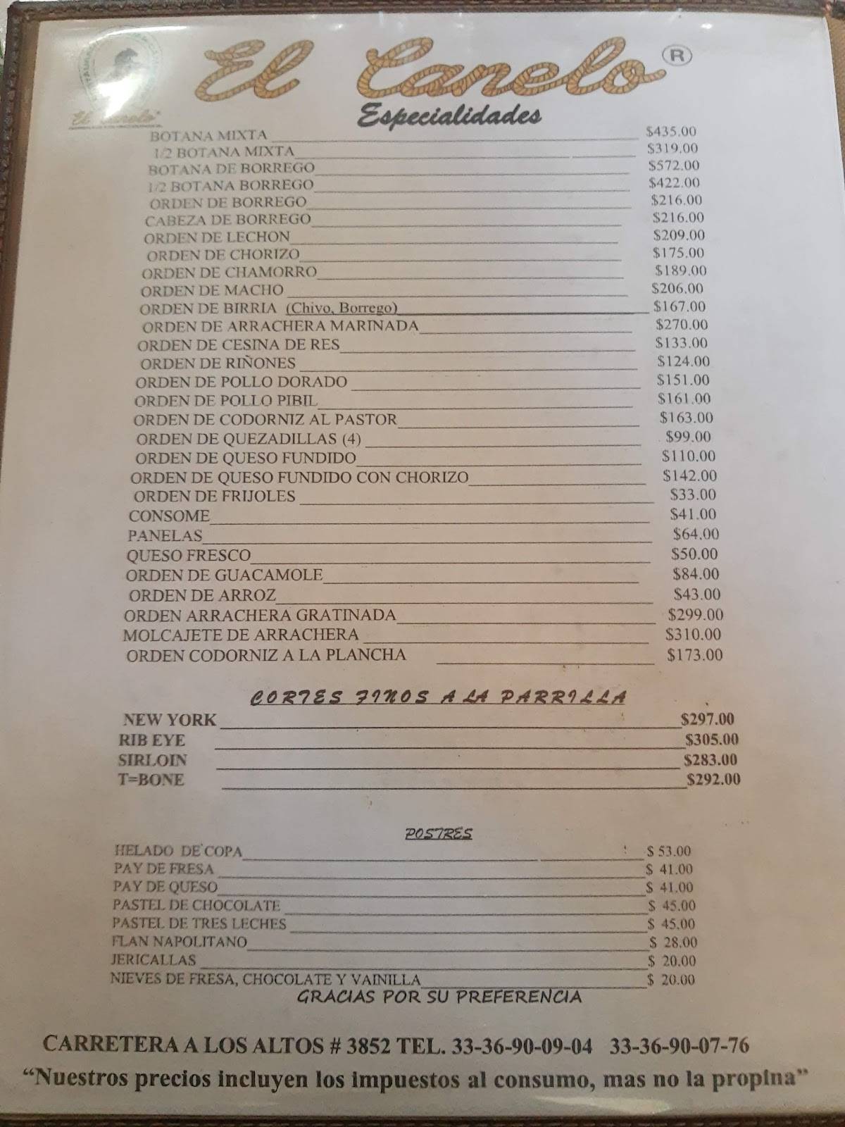 Carta del restaurante El Canelo, San Pedro Tlaquepaque, Carr. libre ...