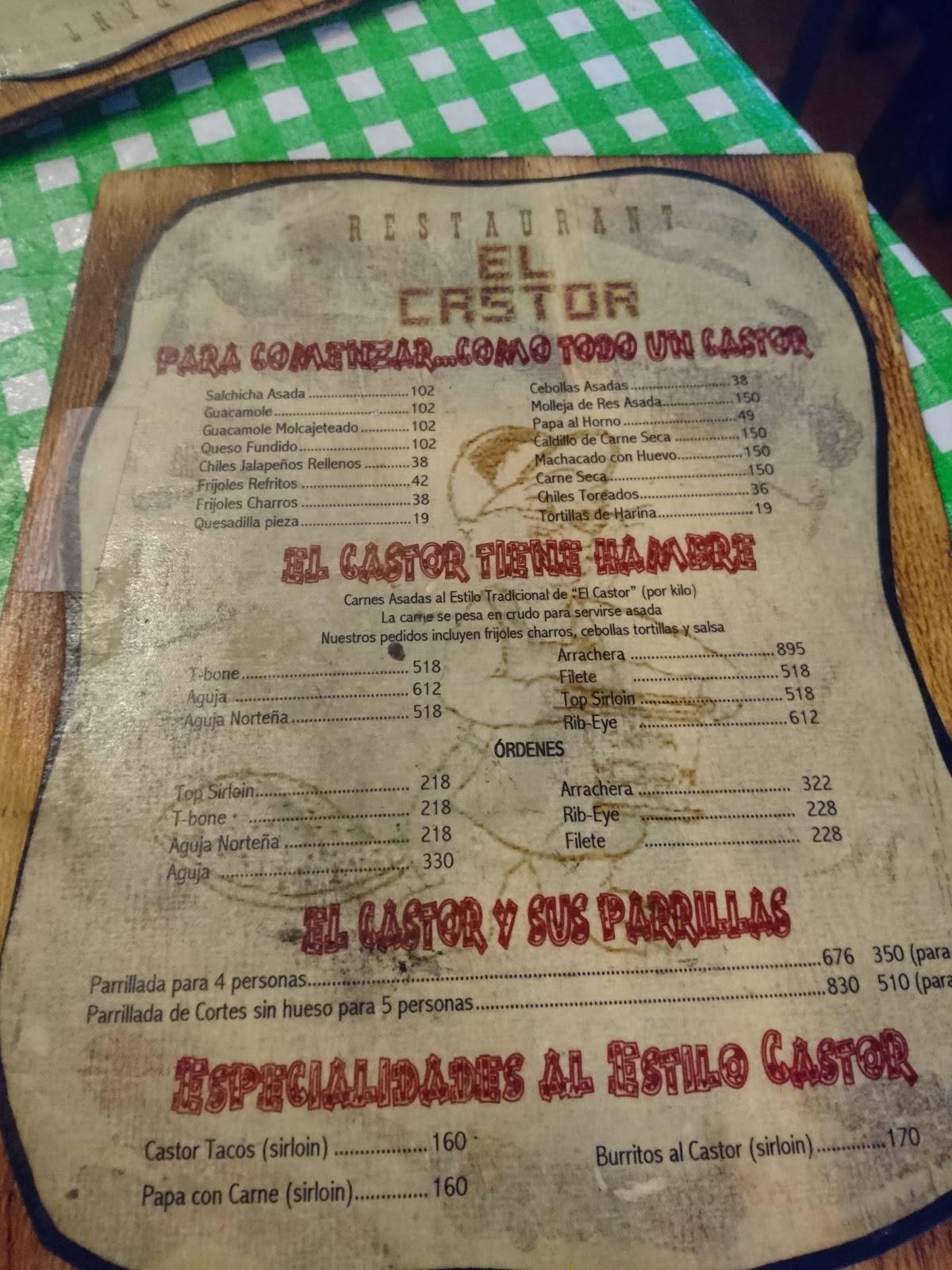 Carta del restaurante El Castor, Monterrey, Blvd. Rogelio Cantú Gomez #1000
