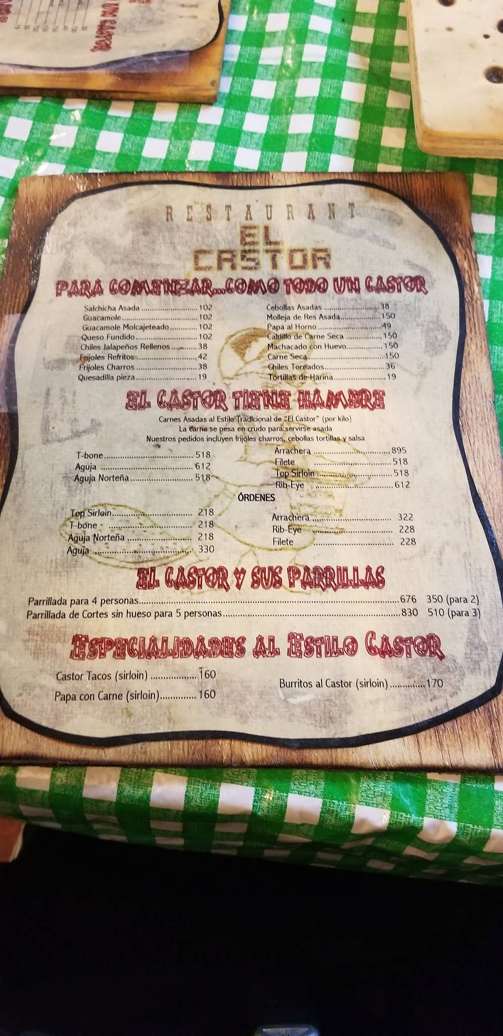 Carta del restaurante El Castor, Monterrey, Blvd. Rogelio Cantú Gomez #1000