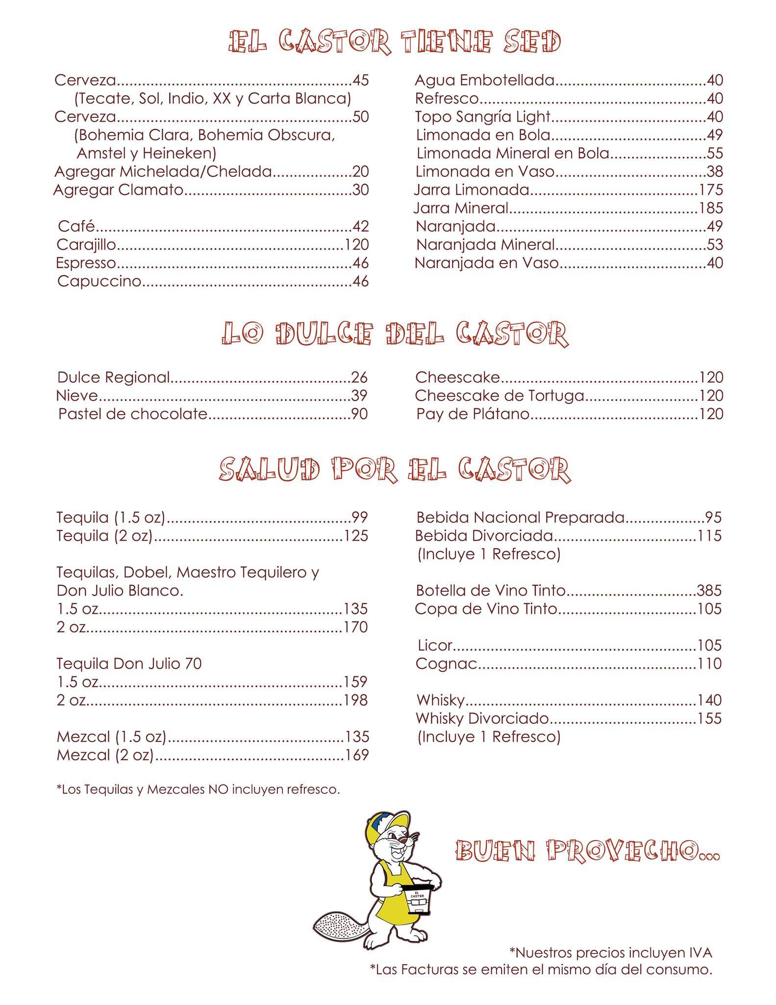 Carta del restaurante El Castor, Monterrey, Blvd. Rogelio Cantú Gomez #1000