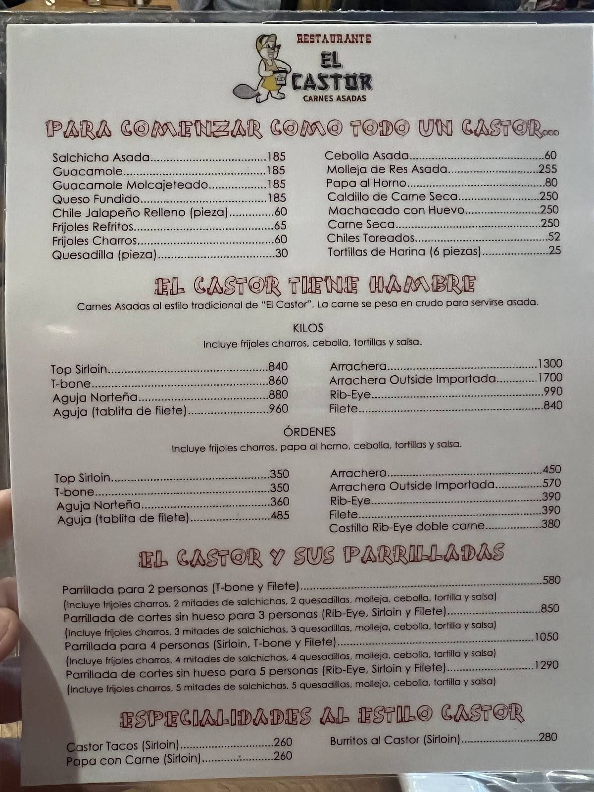 Carta del restaurante El Castor, Monterrey, Blvd. Rogelio Cantú Gomez #1000