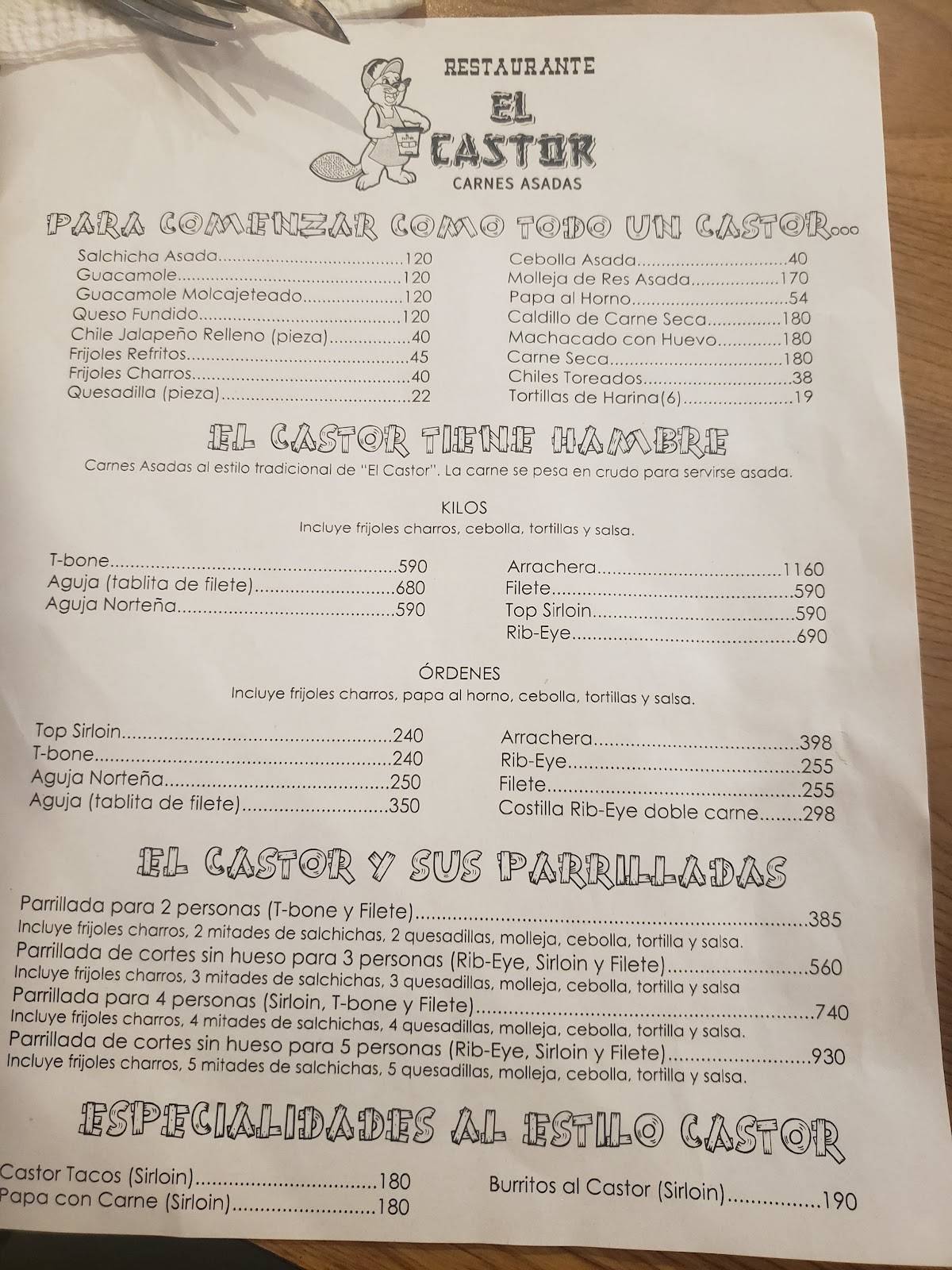 Carta del restaurante El Castor, Monterrey, Blvd. Rogelio Cantú Gomez #1000