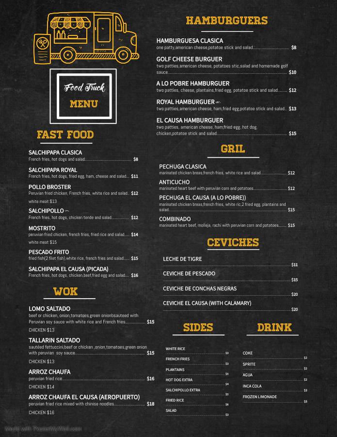 Carta de El Causa Peruvian Fast Food, Palmetto Bay