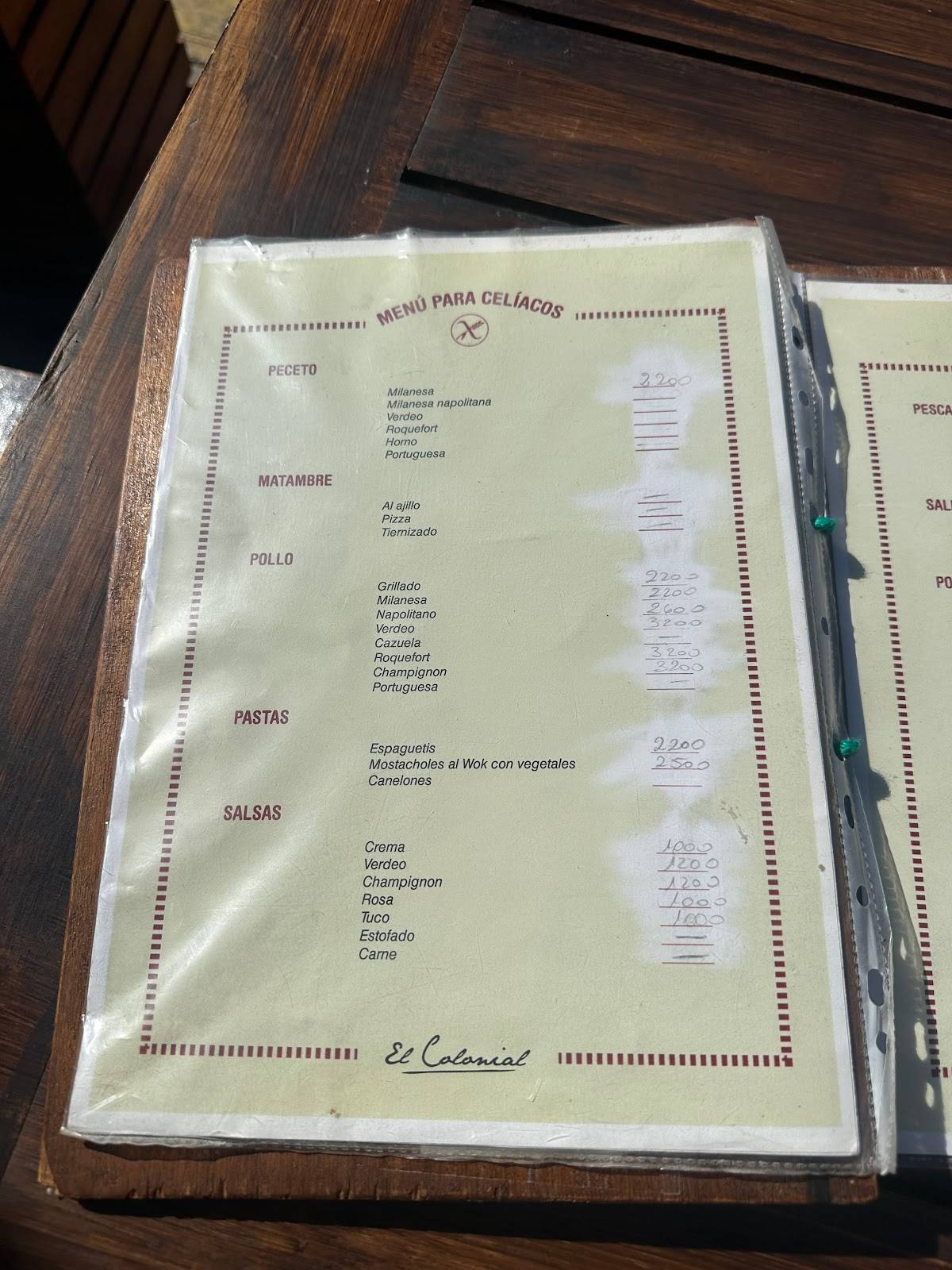 Menu at El Colonial restaurant, San Clemente del Tuyú