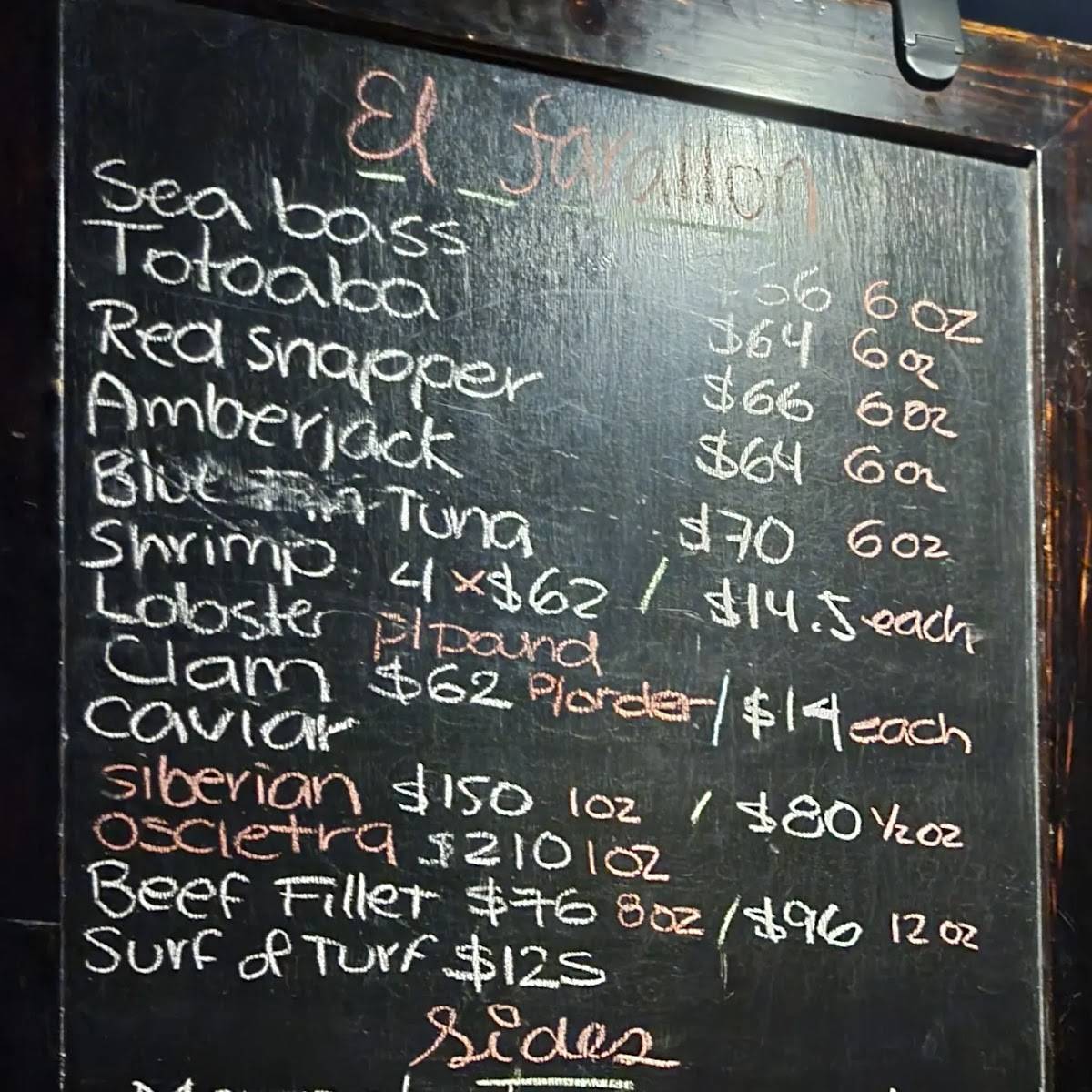 Menu at El Farallon restaurant, Cabo San Lucas, Cam. del Mar 1