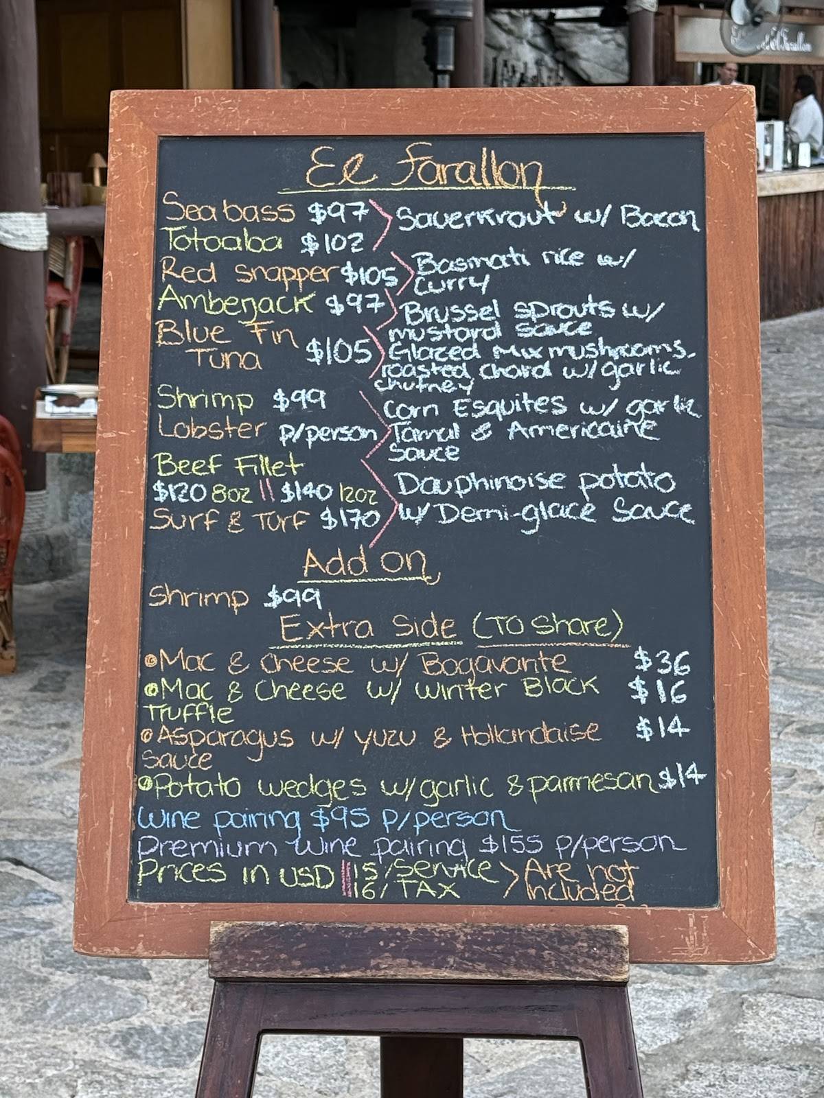 Menu at El Farallon restaurant, Cabo San Lucas, Cam. del Mar 1