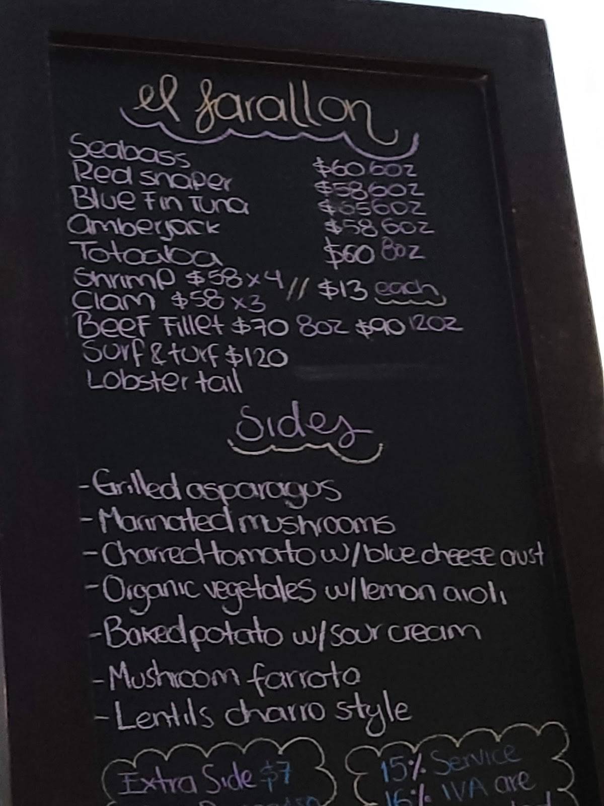 Menu at El Farallon restaurant, Cabo San Lucas, Cam. del Mar 1