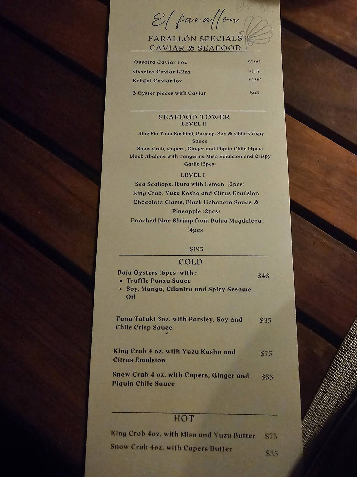 Menu at El Farallon restaurant, Cabo San Lucas, Cam. del Mar 1