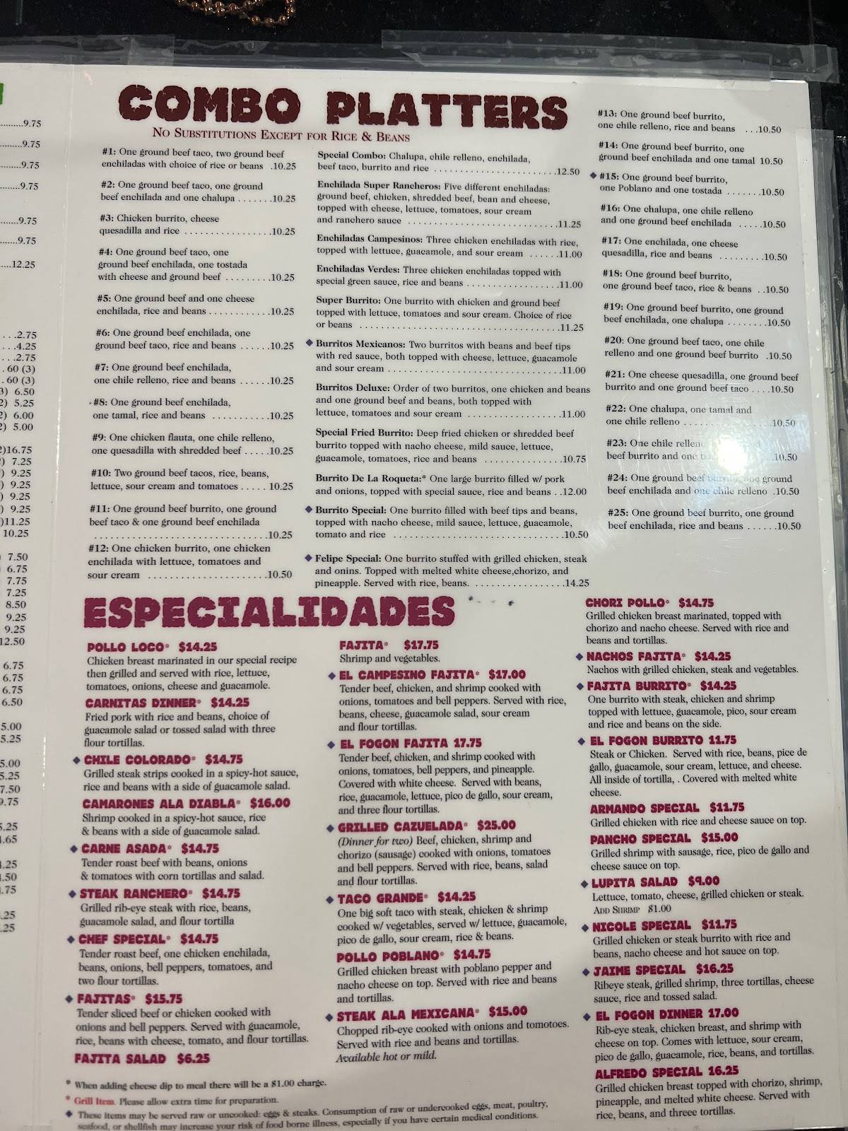 Menu at El Fogon Mexican Grill restaurant, Akron