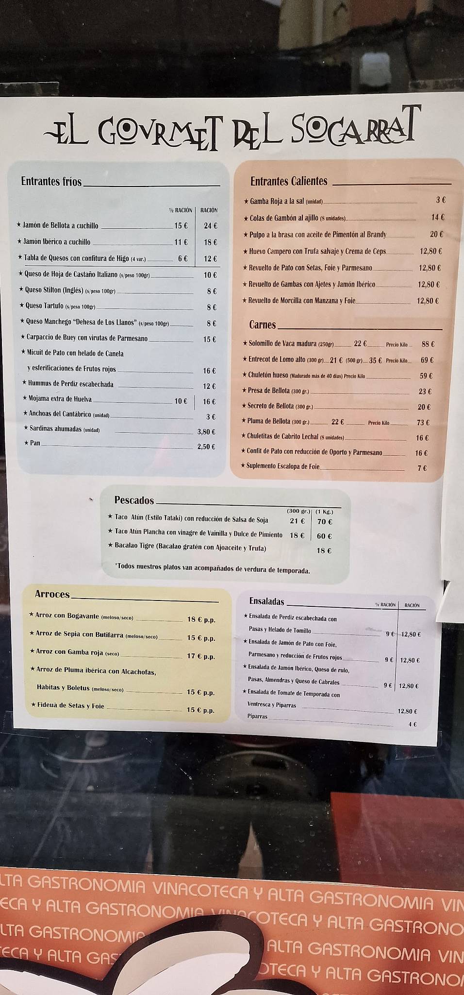 Carta del restaurante El Gourmet del Socarrat, Játiva
