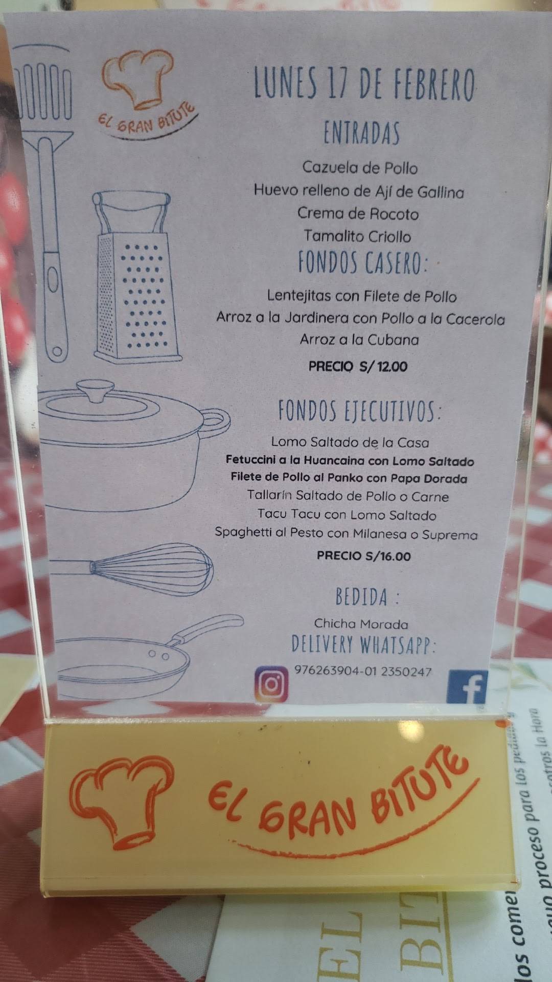 Carta del restaurante El Gran Bitute, Lima