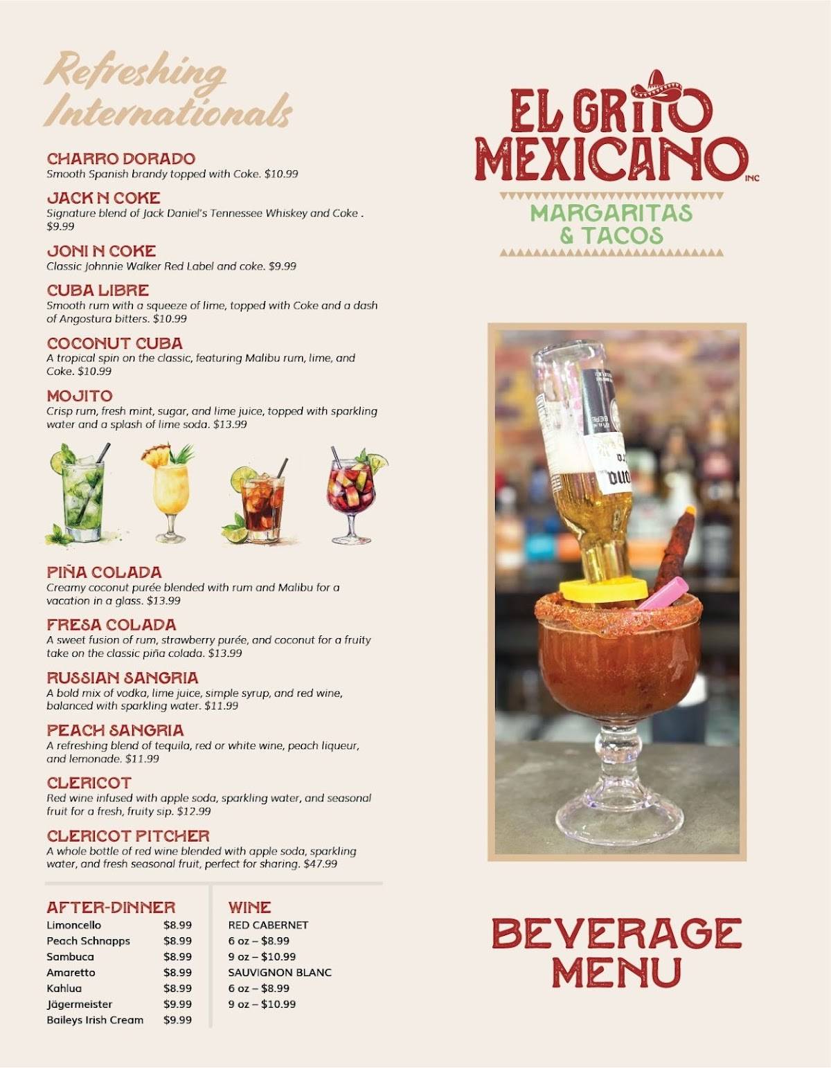 Carta del restaurante El Grito Mexicano, Hamilton