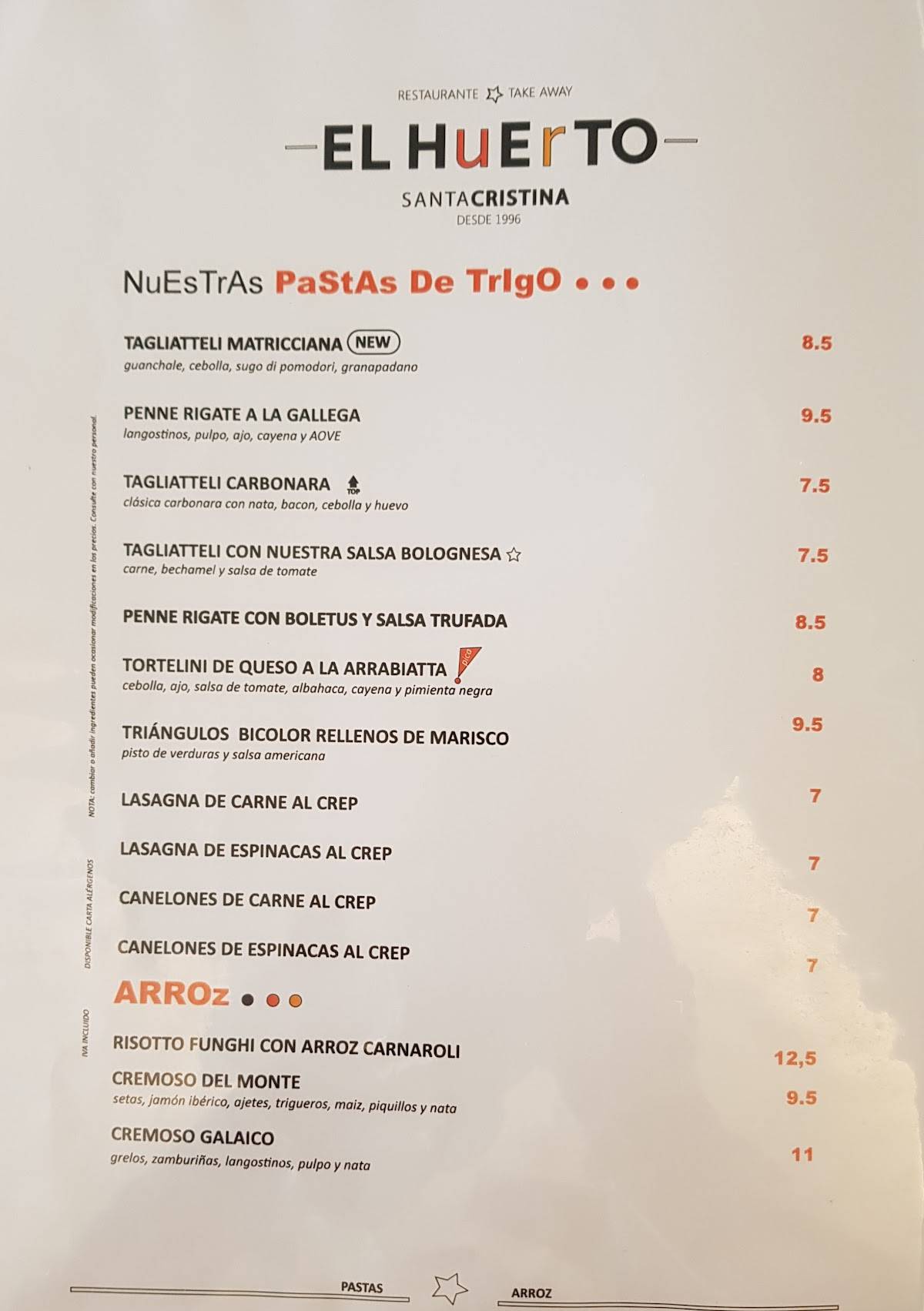 Menu at El Huerto restaurant, Perillo, BAJO;INST. RESTAURANTE HUER