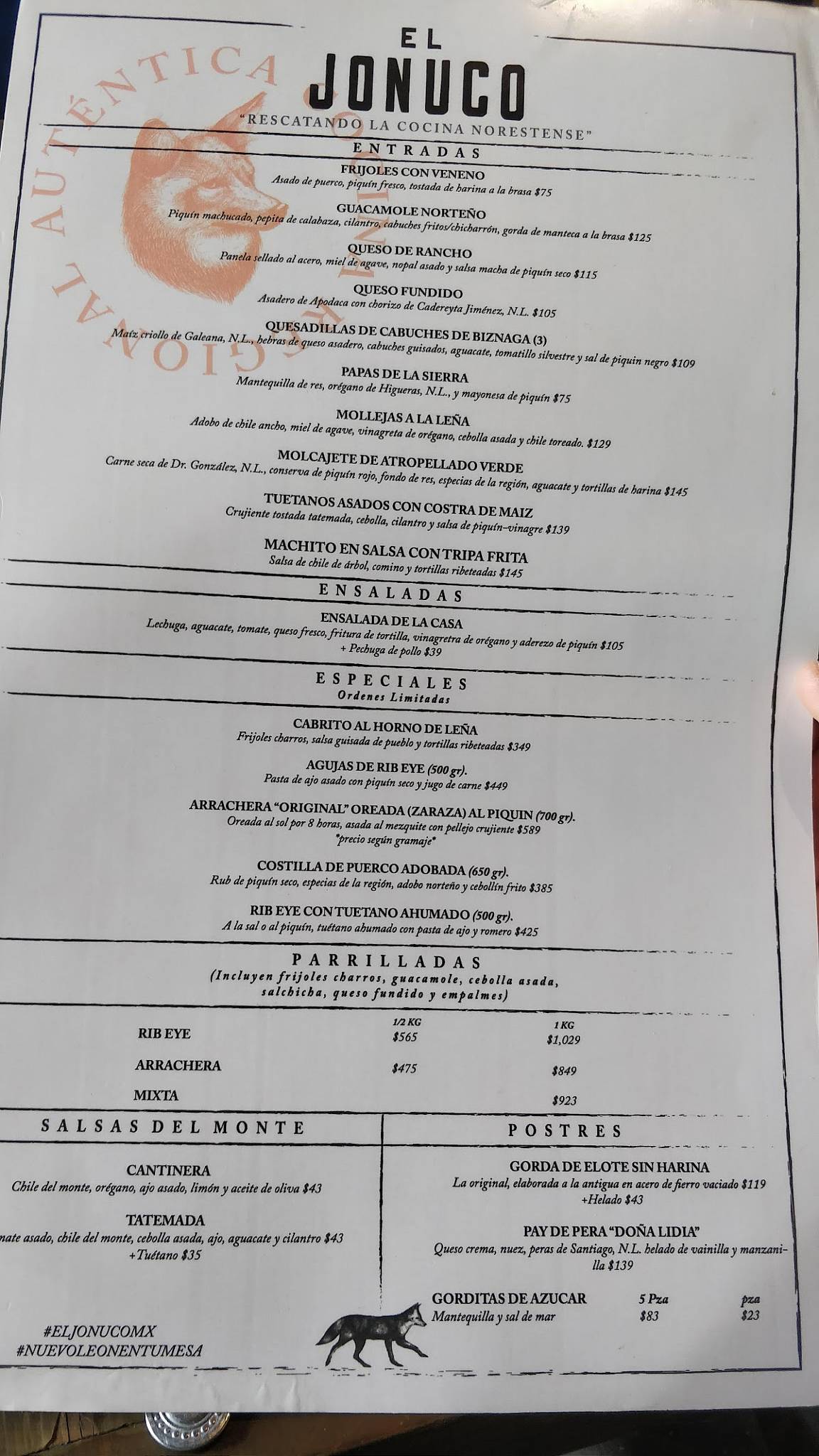 Carta del restaurante El Jonuco, Apodaca