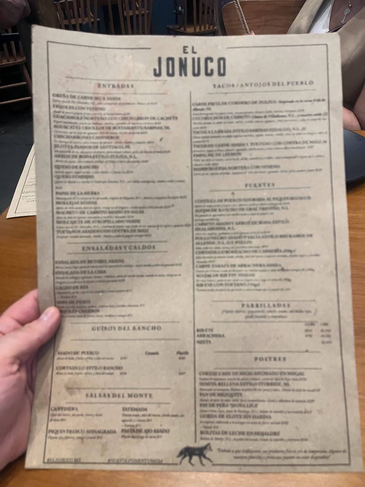 Carta del restaurante El Jonuco, Apodaca