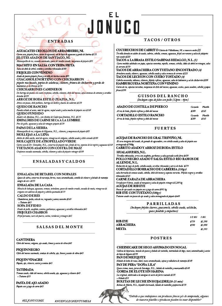 Carta del restaurante El Jonuco, Apodaca