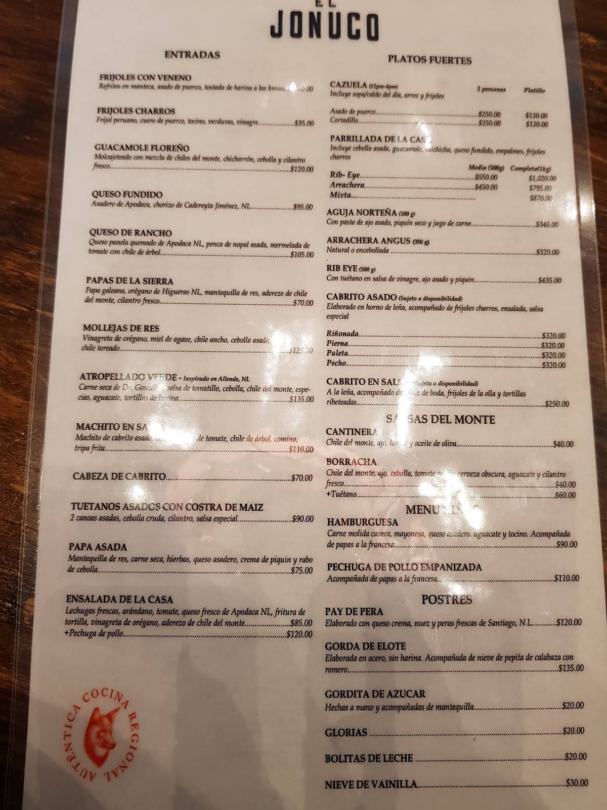 Carta del restaurante El Jonuco, Apodaca