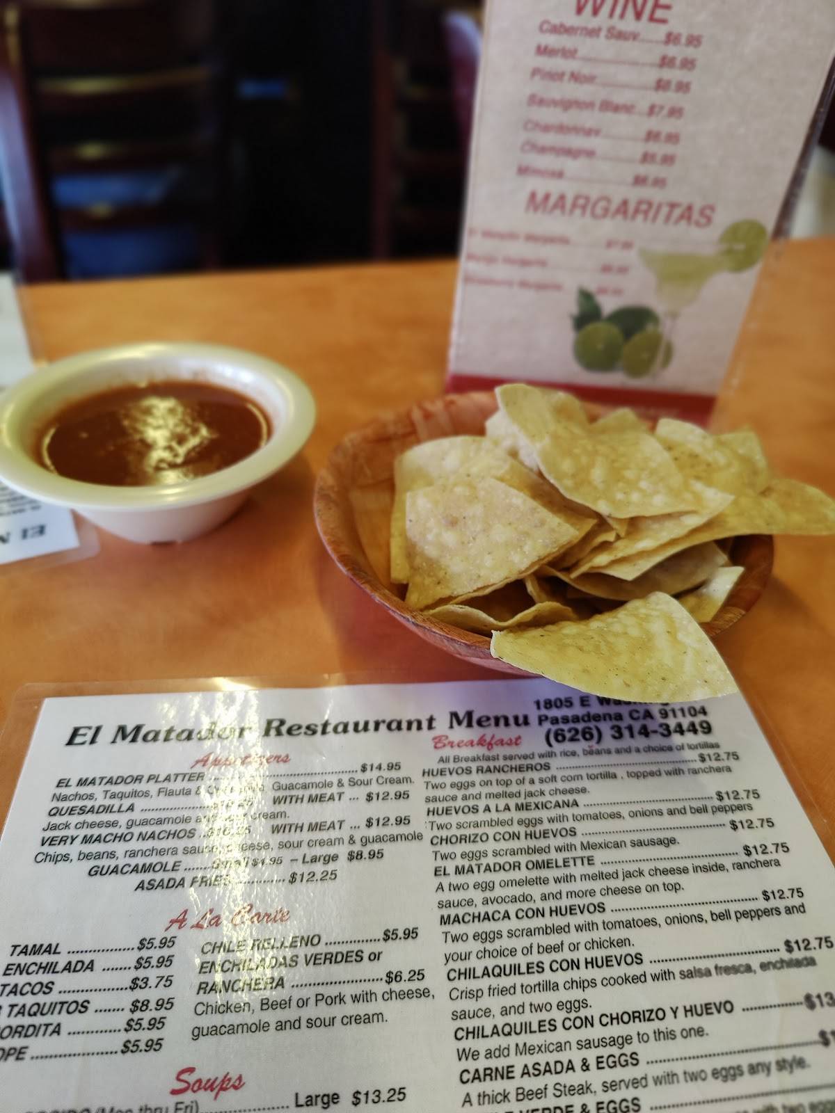 Menu at El Matador Authentic Mexican Food restaurant, Pasadena