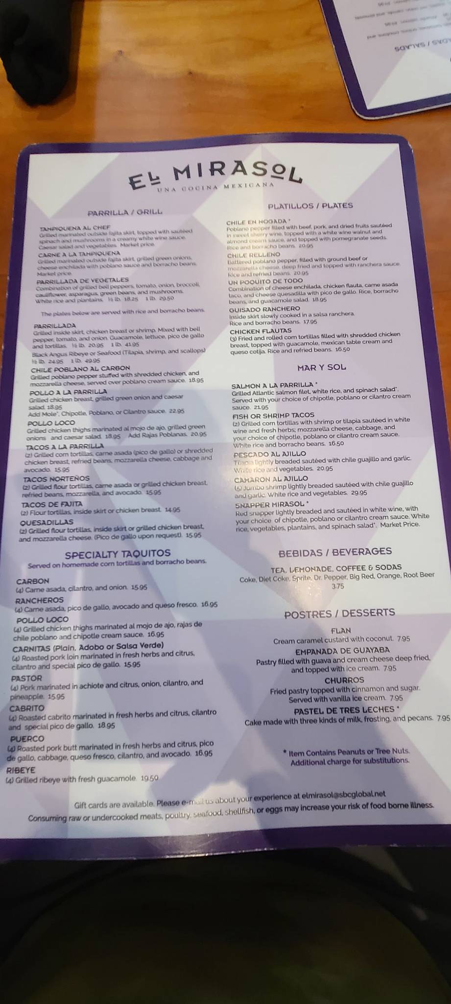 Menu at El Mirasol At Napa Oaks pub & bar, Boerne