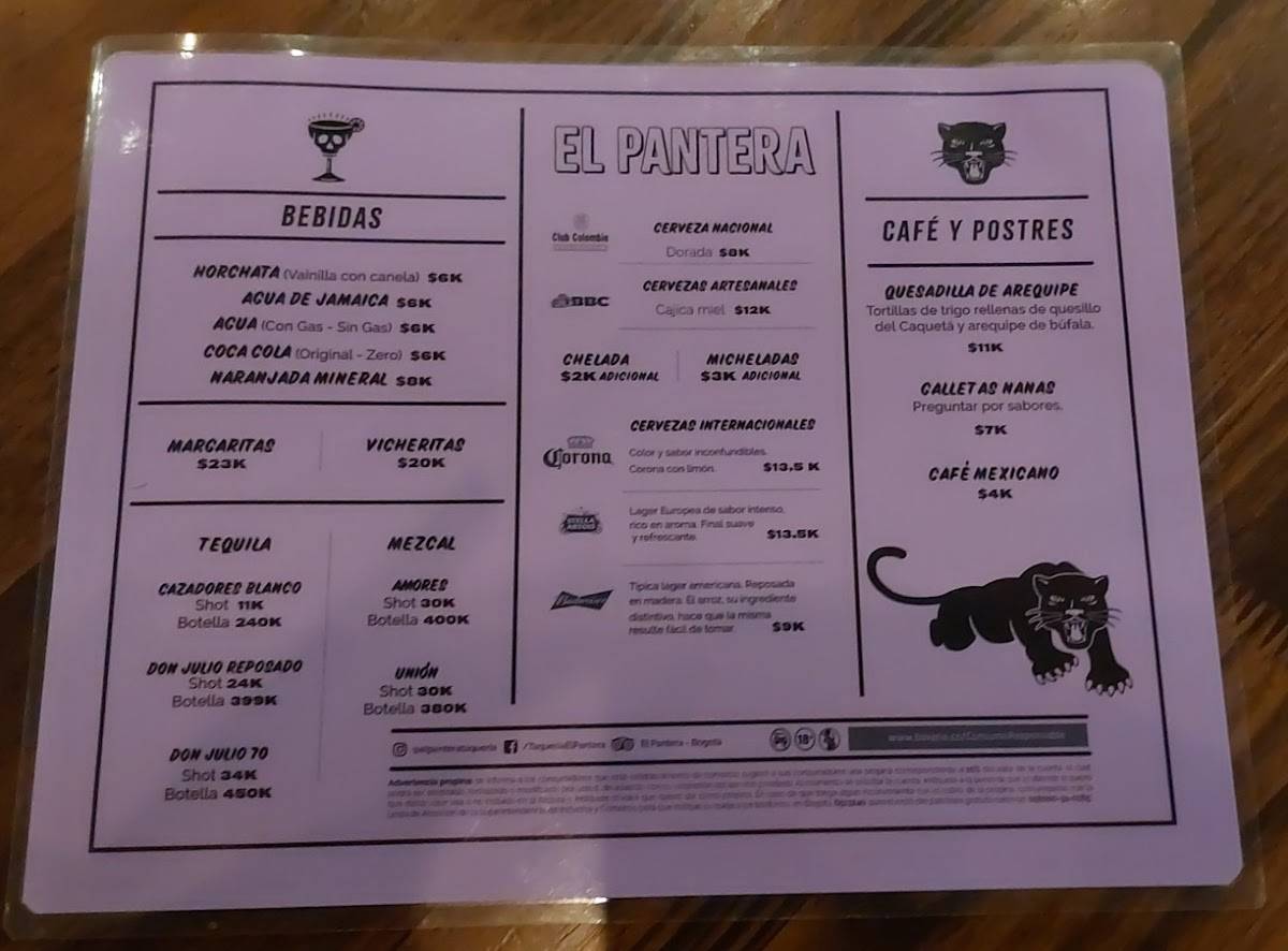 Carta del restaurante El Pantera Taqueria, Bogotá