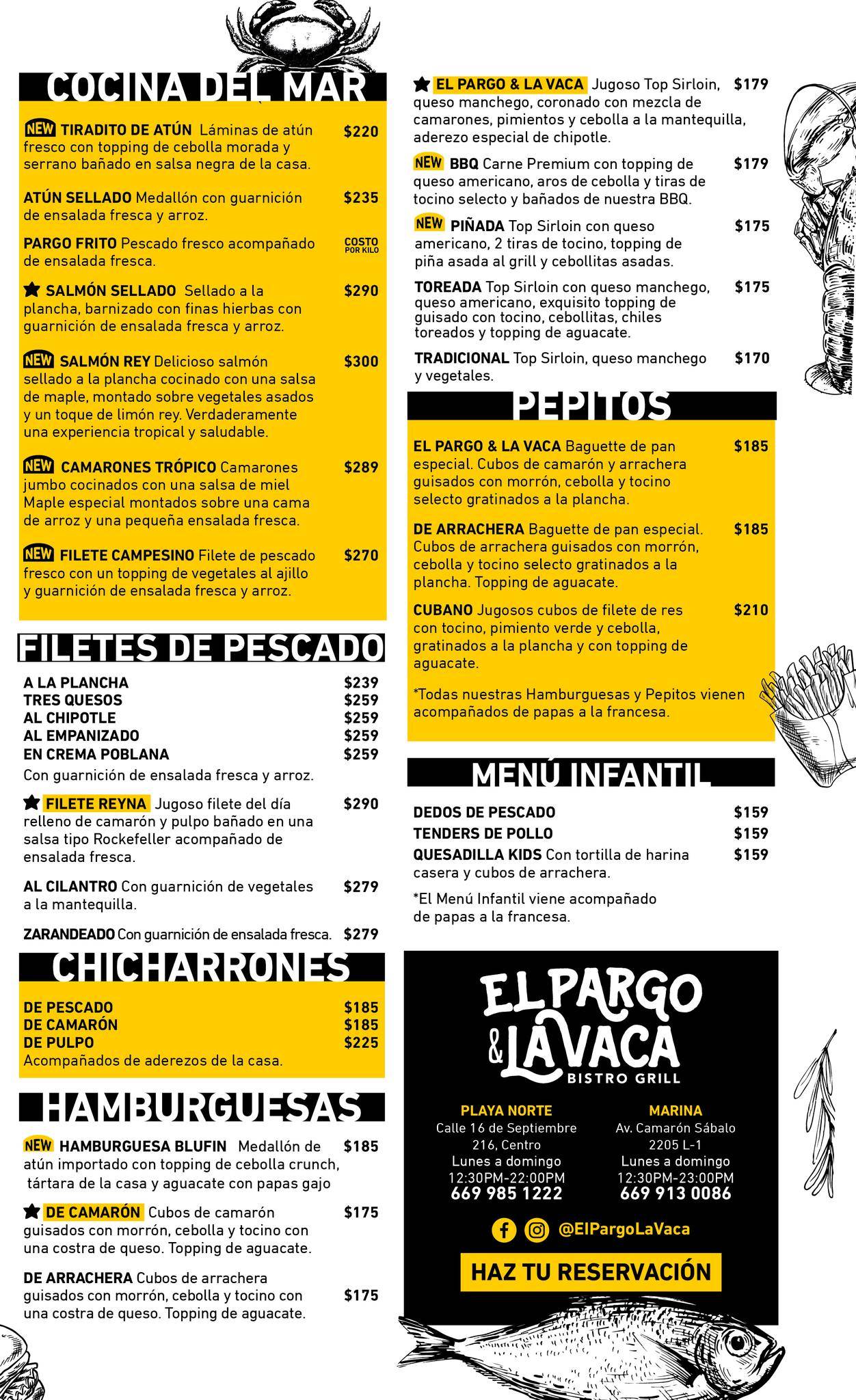 Menu at El Pargo y La Vaca (Playa Norte) pub & bar, Mazatlán