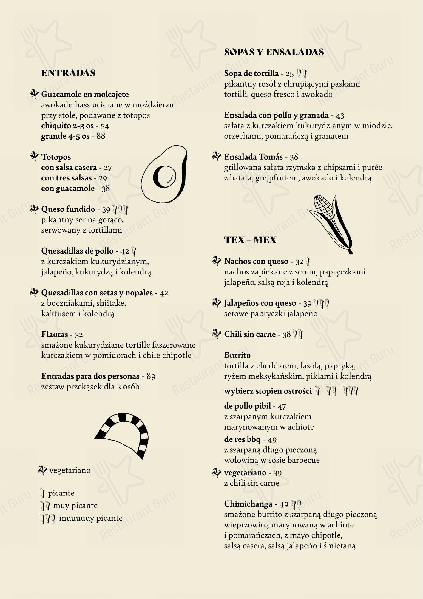 Carta del restaurante El Popo, Varsovia