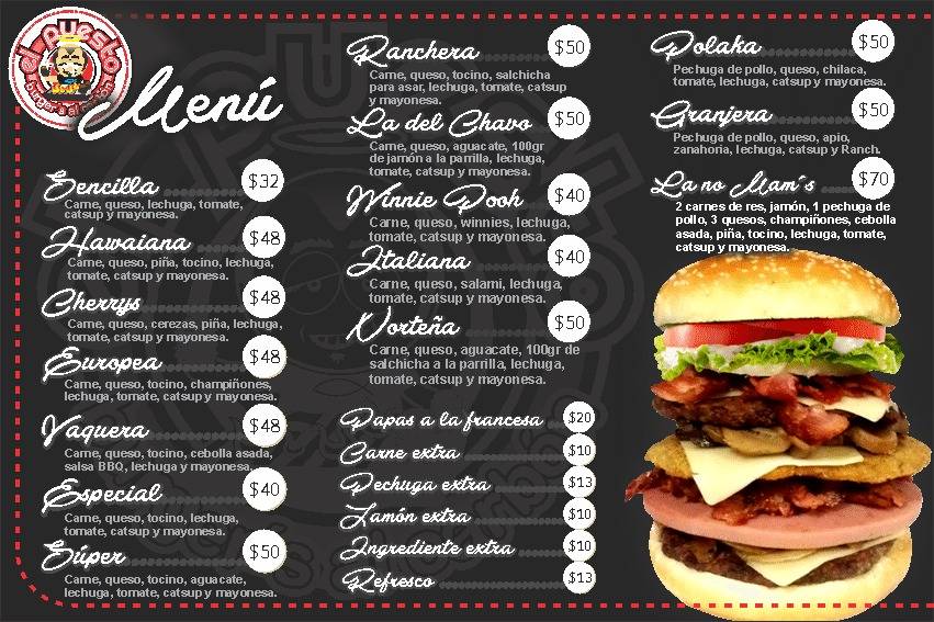Menu at El Puesto Burgers Al Carbon restaurant, Ciudad Cuauhtemoc