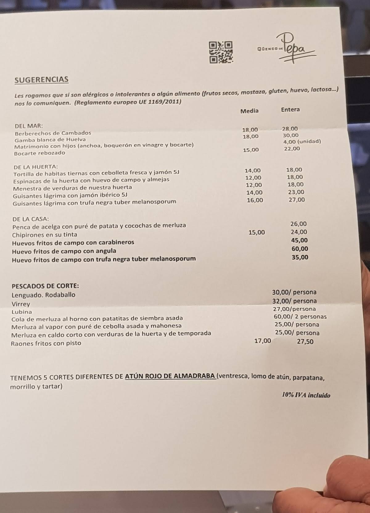 Carta del restaurante El Qüenco del Pepa, Madrid, C. del Henri Dunant