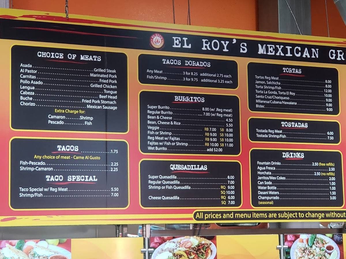 Menu at El Roy's Mexican Grill restaurant, Petaluma, 210 Edith St