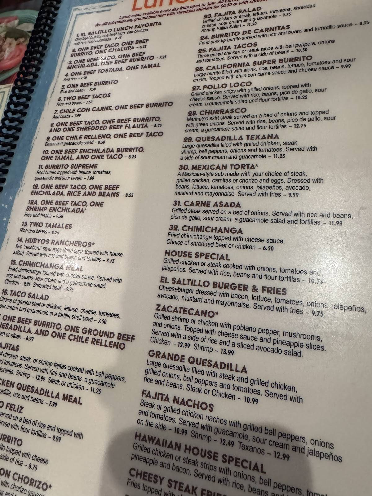 Menu at El Saltillo restaurant, Biloxi, 920 Cedar Lake Rd E1 Cedar