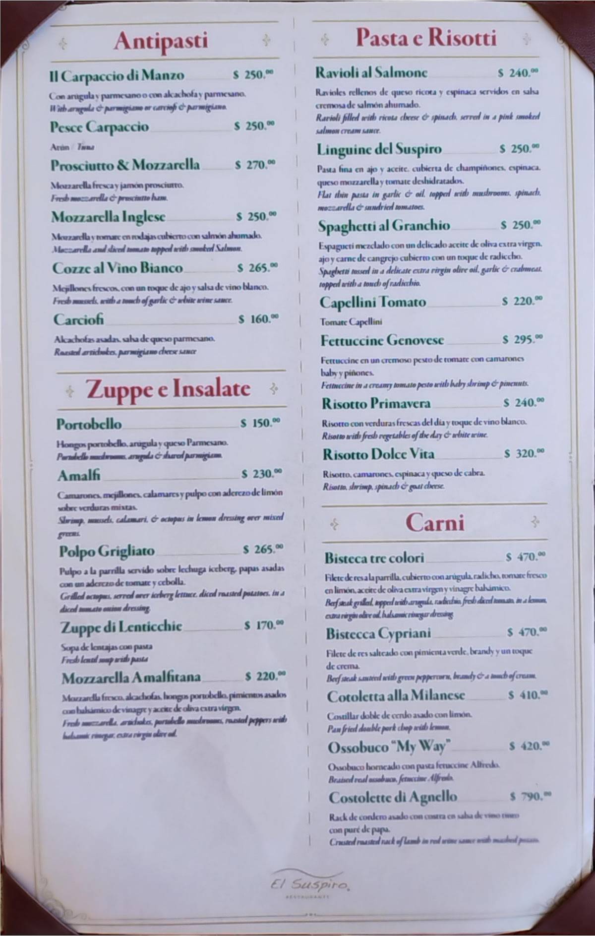 Menu at El Suspiro restaurant, Zihuatanejo