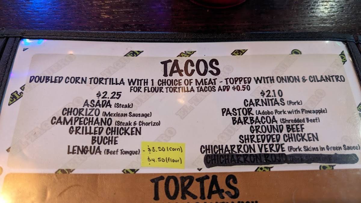 Menu at El Taquero restaurant, Fort Wayne