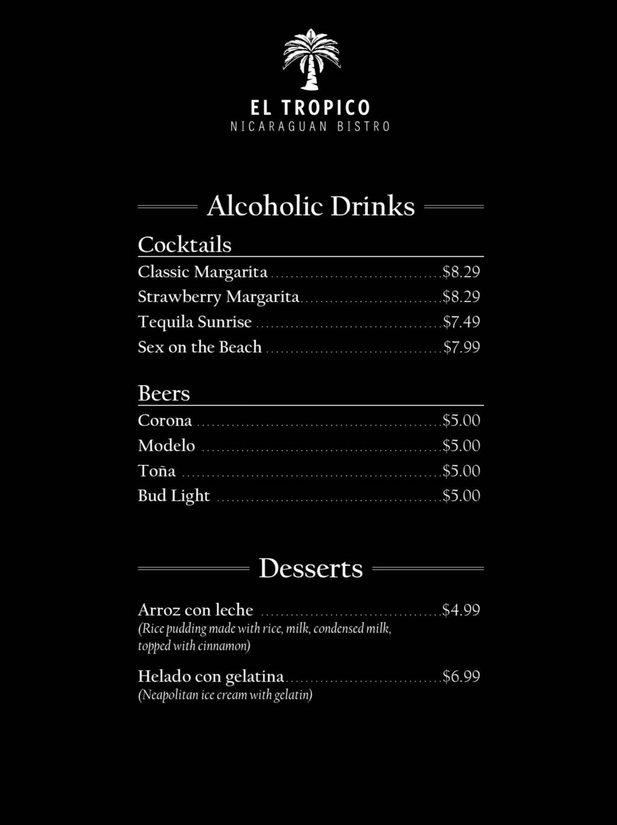 Carta del restaurante El Tropico, Mazomanie
