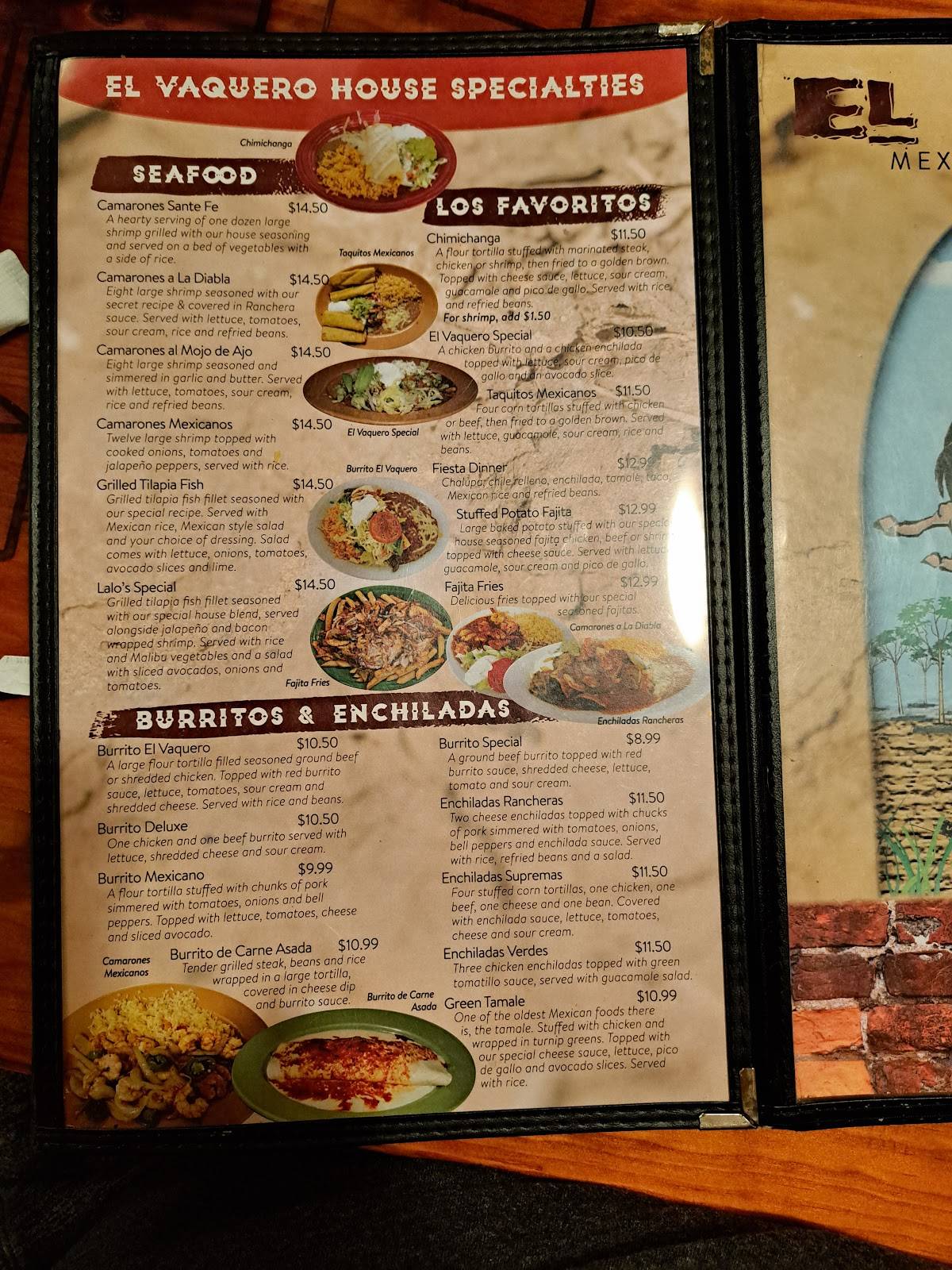 Menu at El Vaquero restaurant, Paris