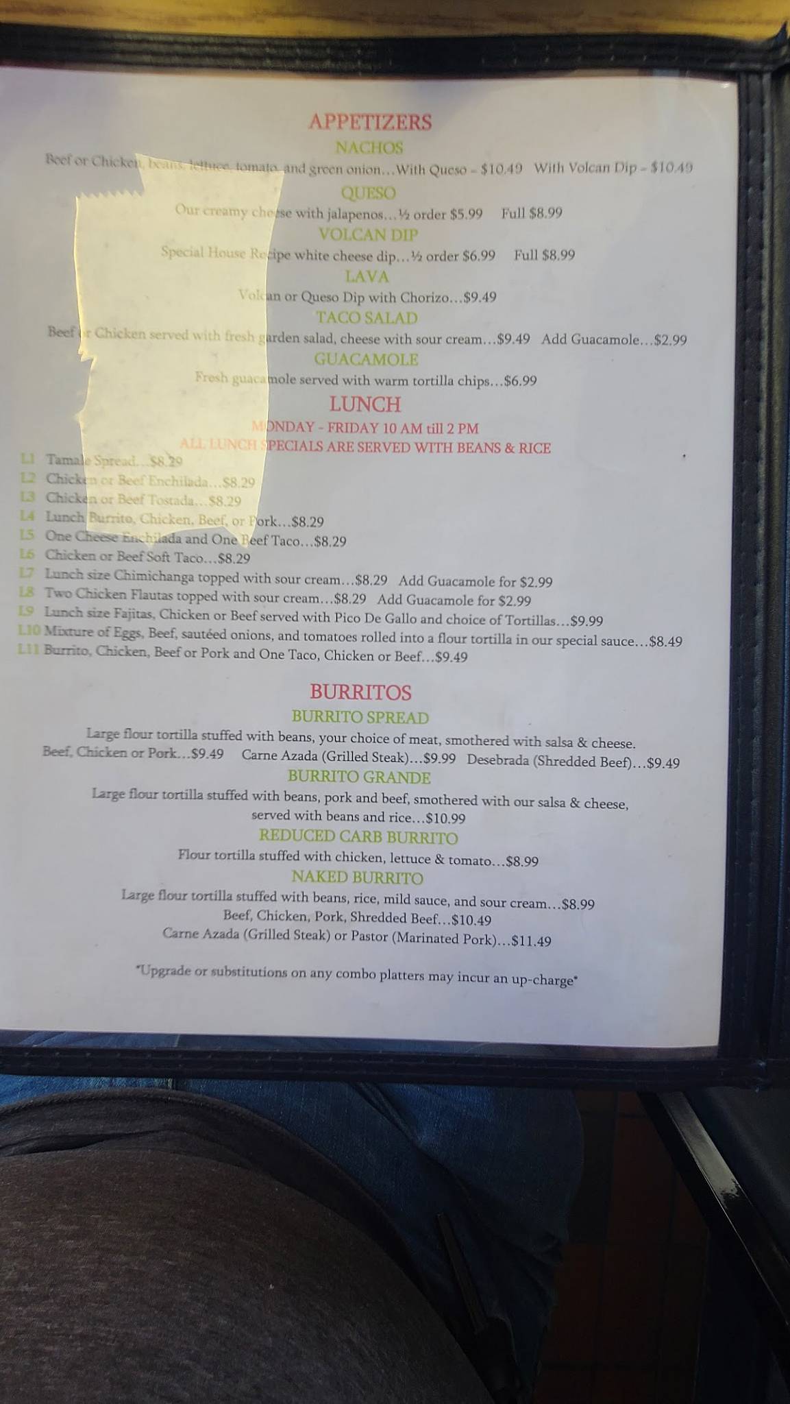 Menu at El Volcan Mexican Grill restaurant, Independence