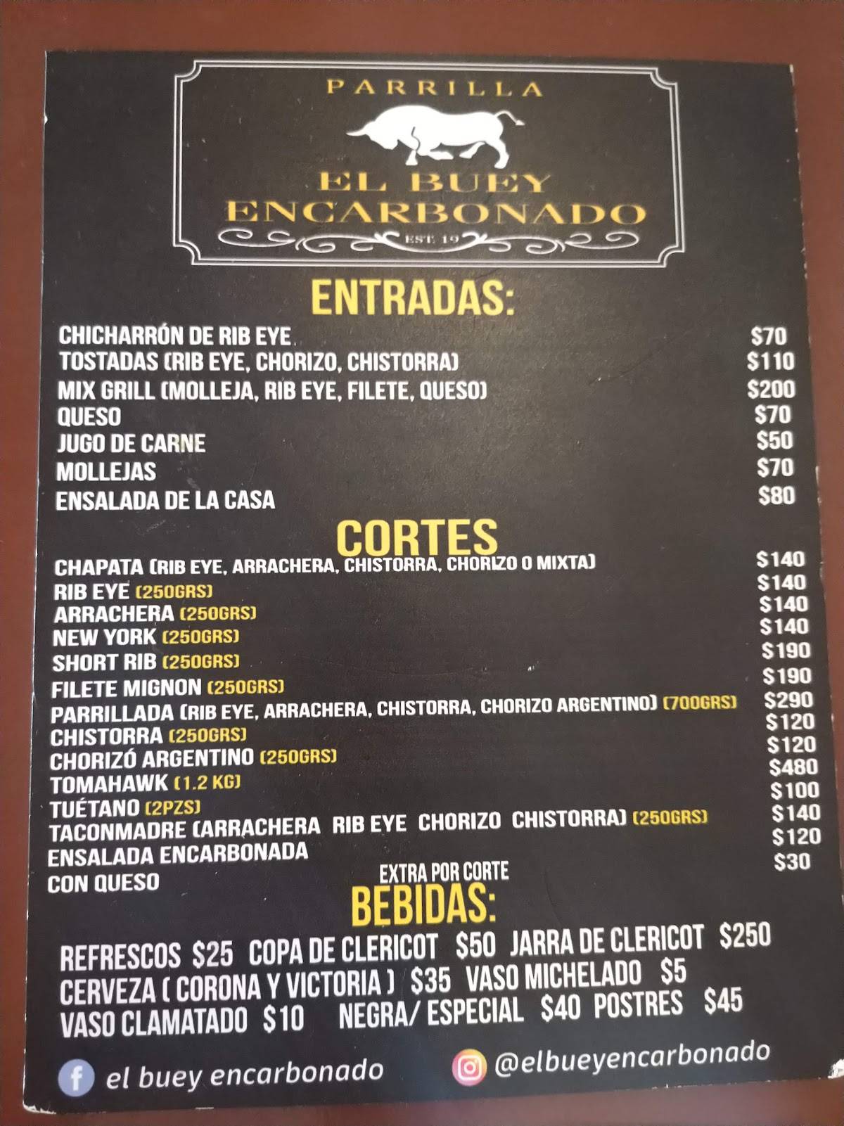 Carta del restaurante El buey encarbonado Neza, Nezahualcóyotl