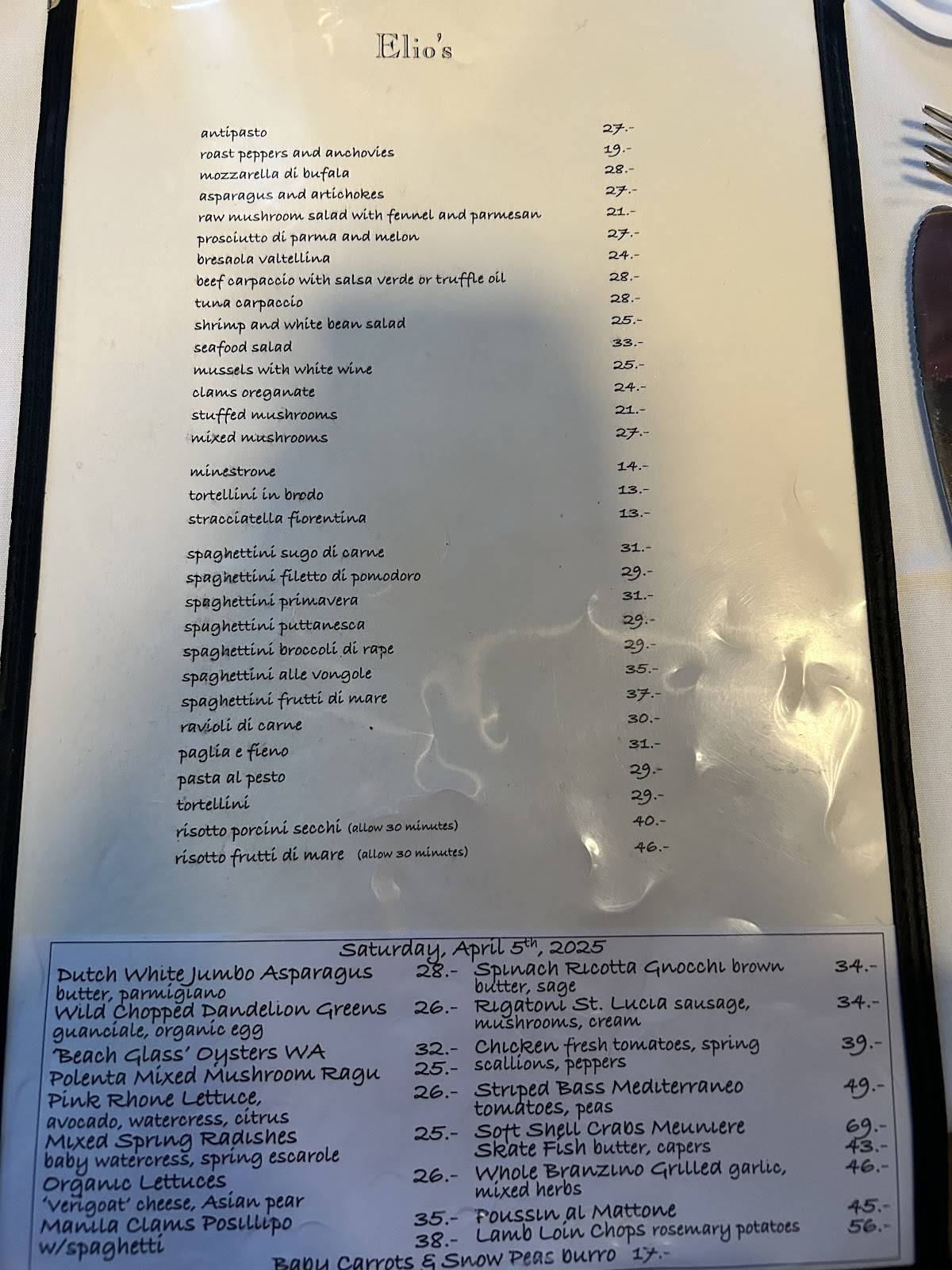 Menu at Elio's restaurant, New York City, 2nd Ave