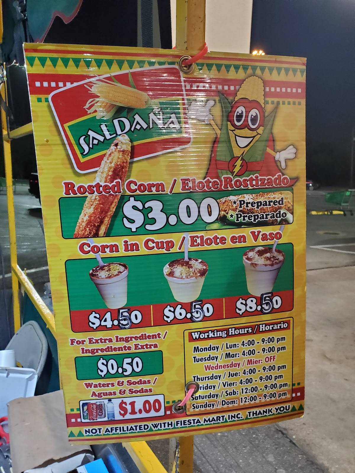 Carta del restaurante Elotes Saldaña, Houston