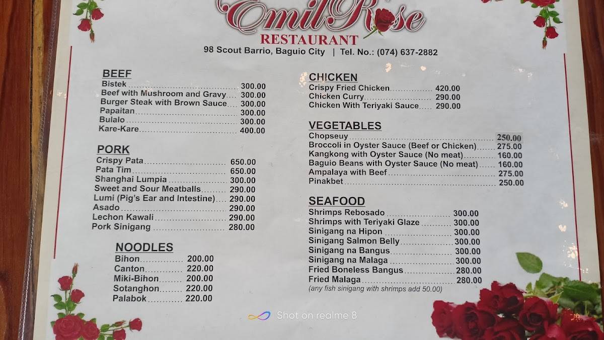 Menu at Emil Rose Restaurant, Baguio, Purok 6 98-B
