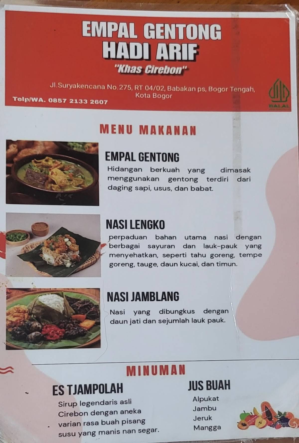 Menu at Empal Gentong cirebon dan bacang panas hadi arif, Bogor