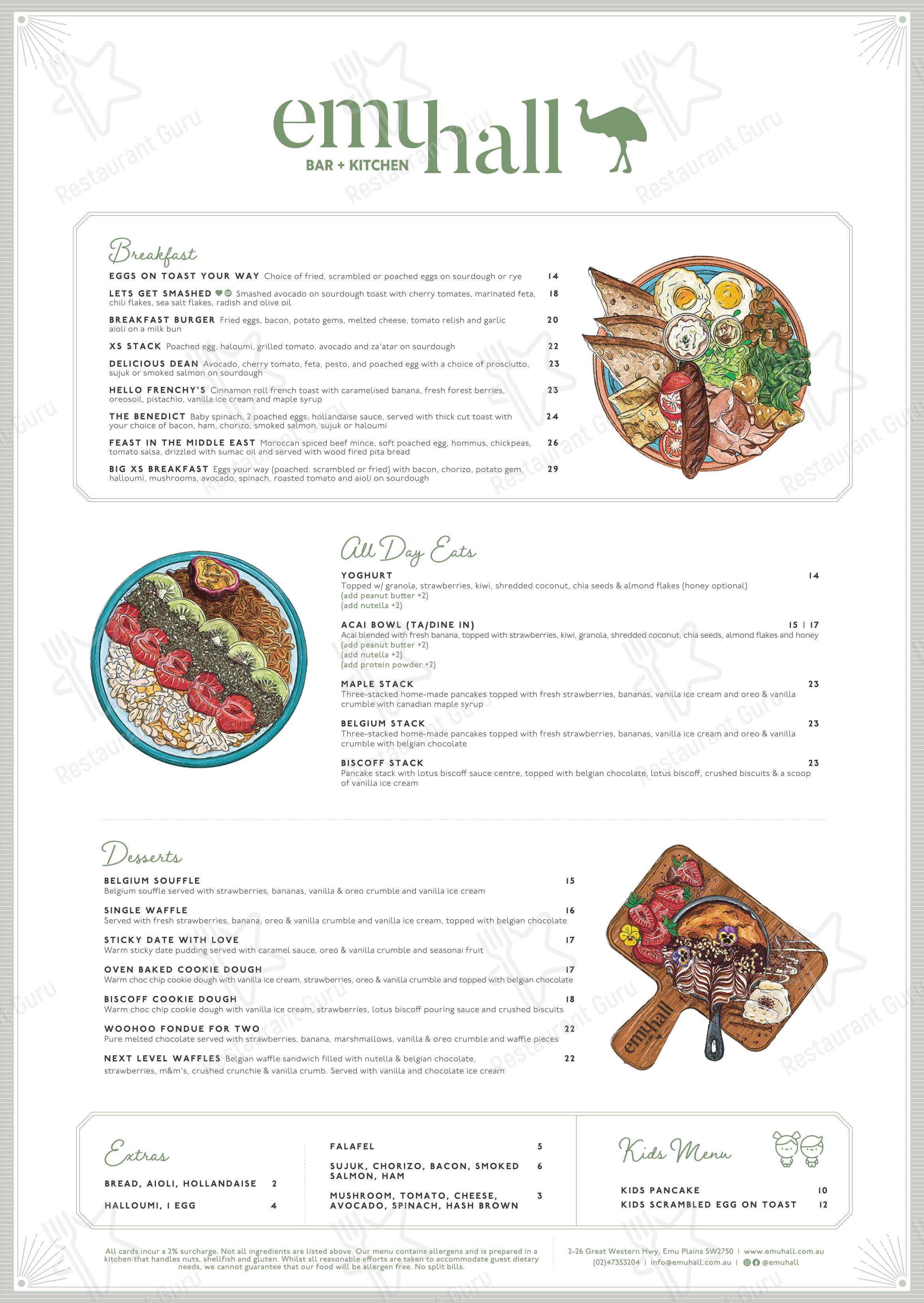 Menu at Emu Hall Bar & Kitchen, Emu Plains